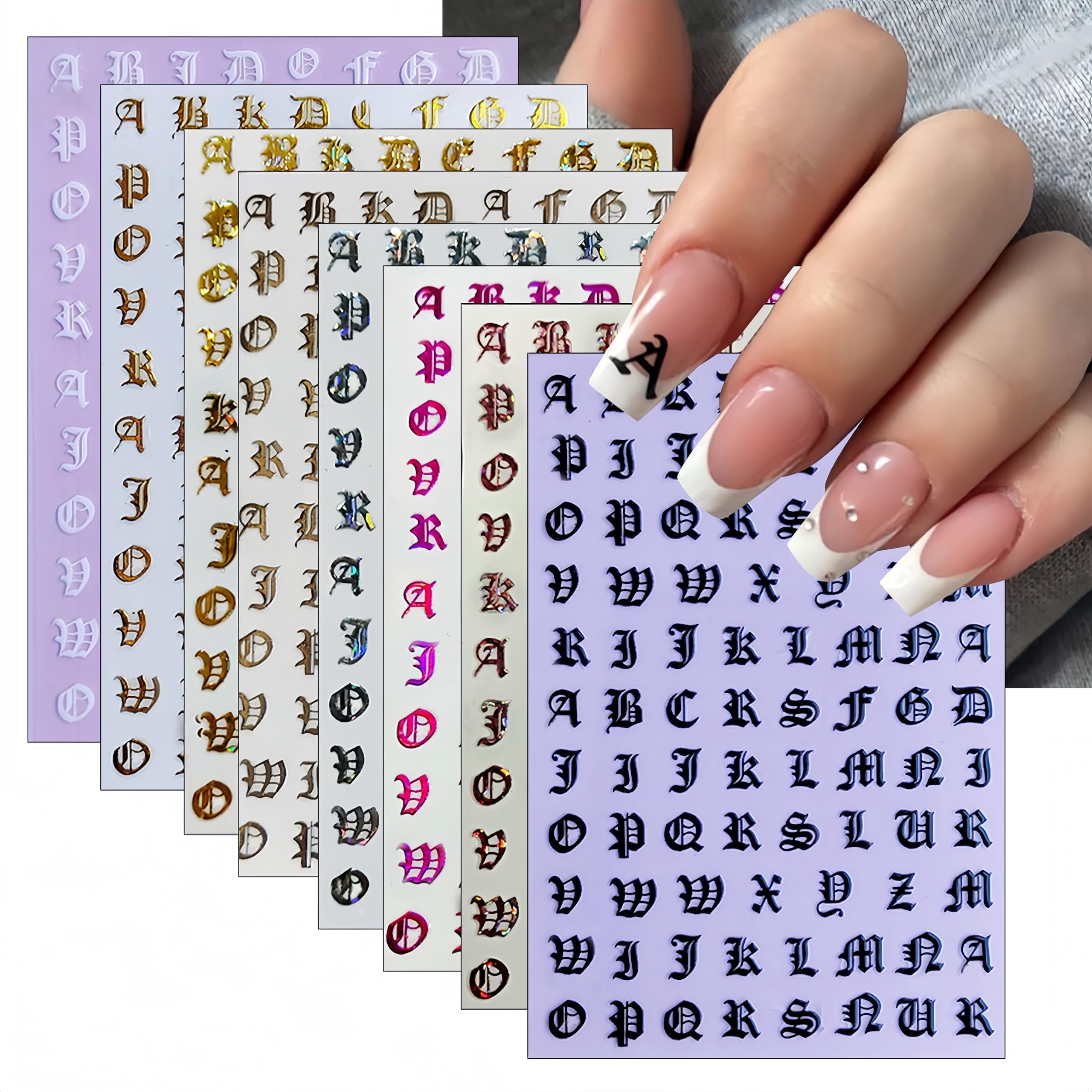 8 Sheets Old Letters Nail Art Stickers Decals White English Character ...