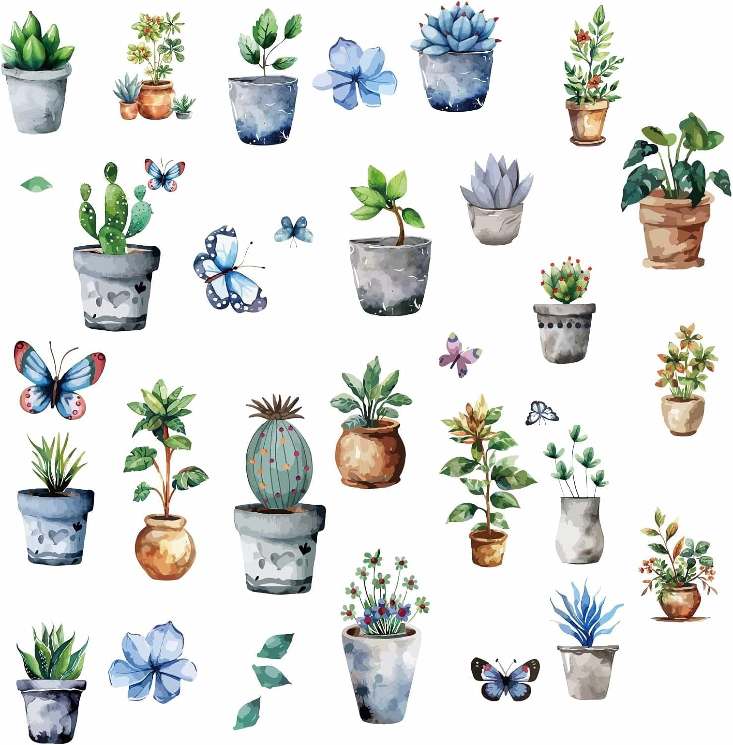 8 Sheets Potted Plants Window Stickers Large Cactus Tropical Botanical ...