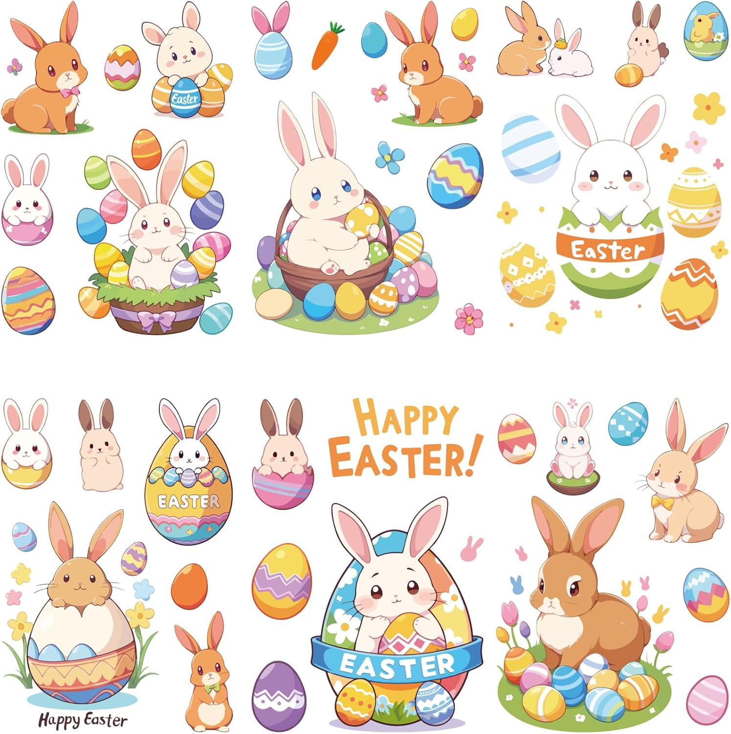 8 Sheets Rabbit Window Sticker Easter Bunny Eggs Basket Grass Wall ...