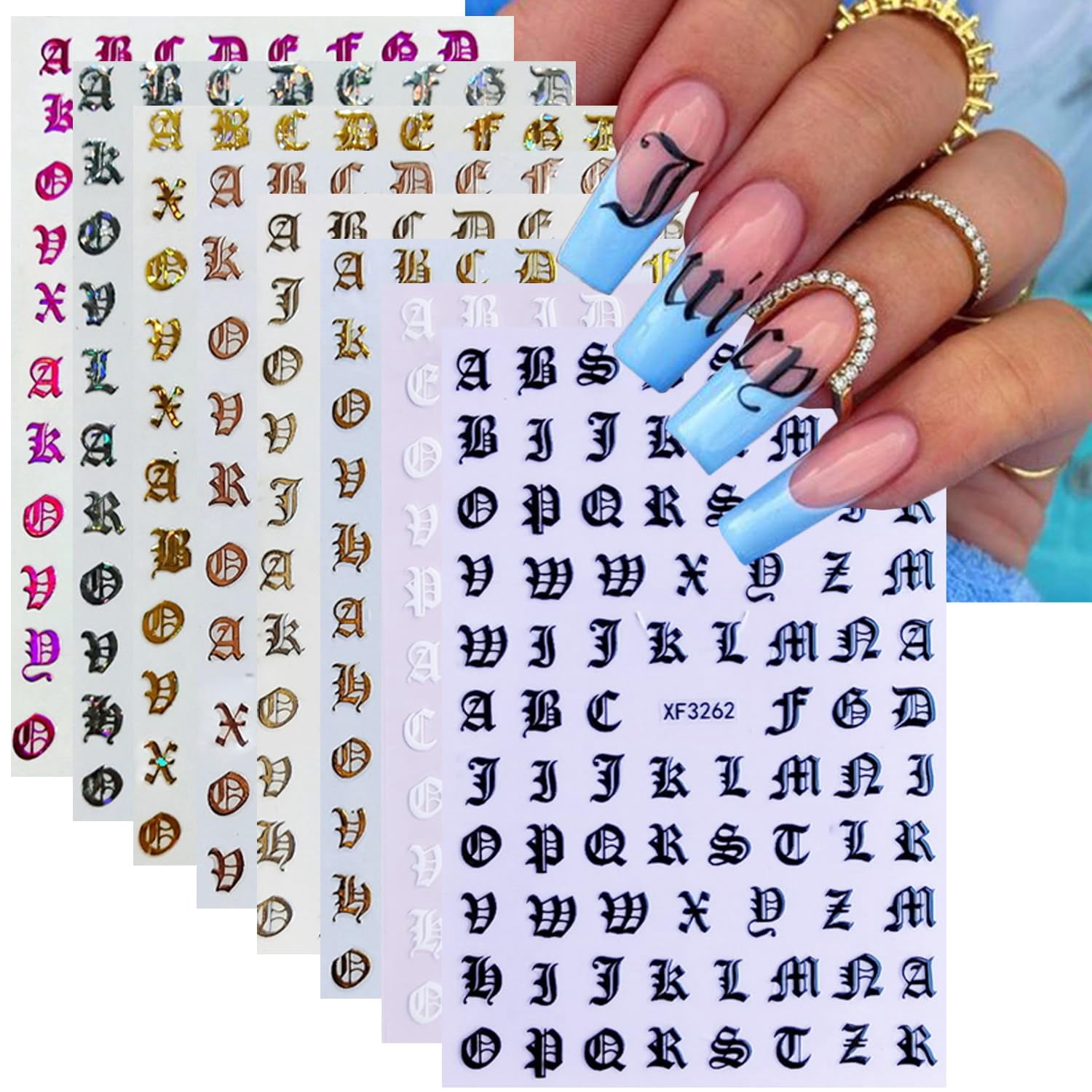 8 Sheets Retro Letters Nail Stickers for Nail Personalized Old English ...