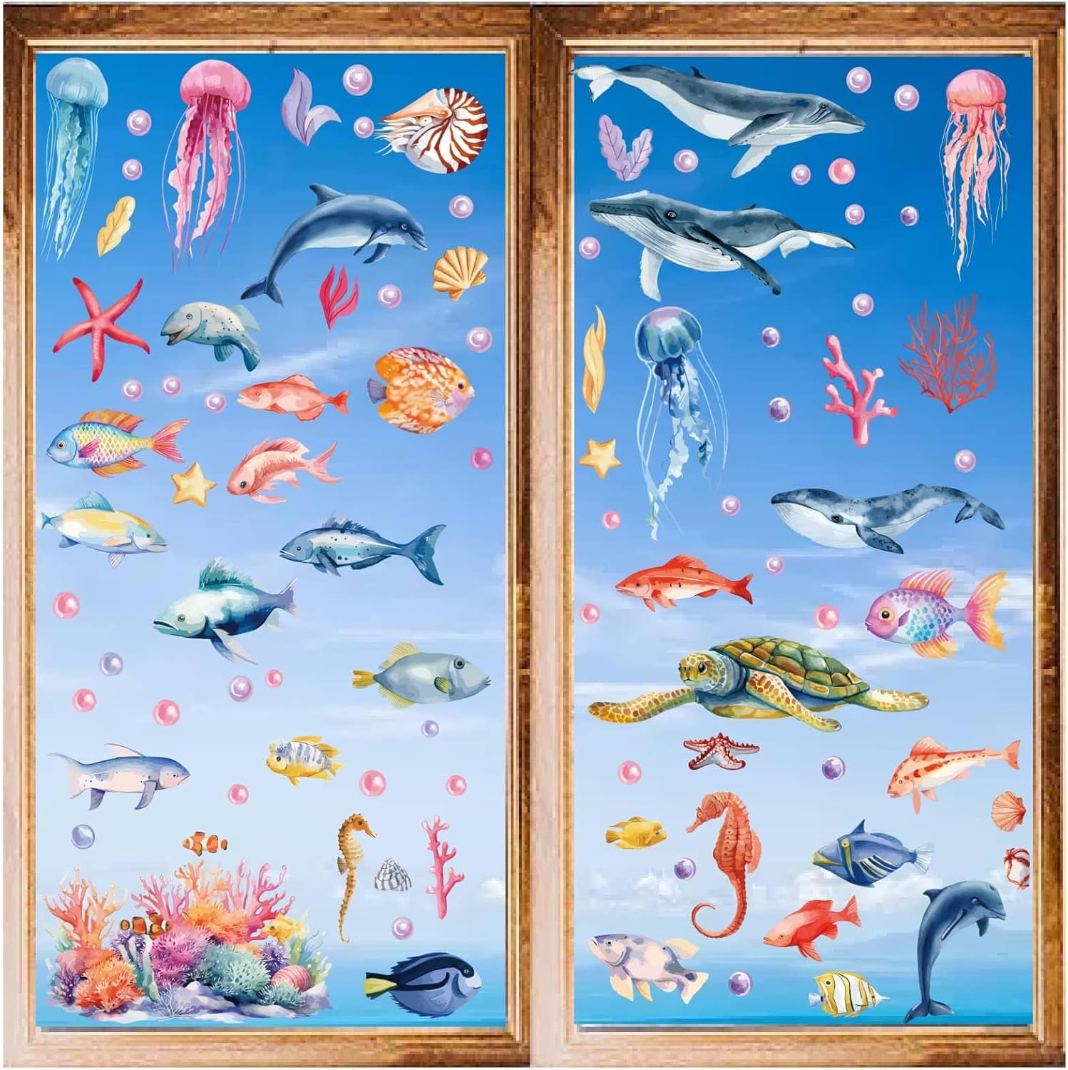 8 Sheets Sea Ocean Window Decals Stickers Jellyfish Shell Coral Whale ...