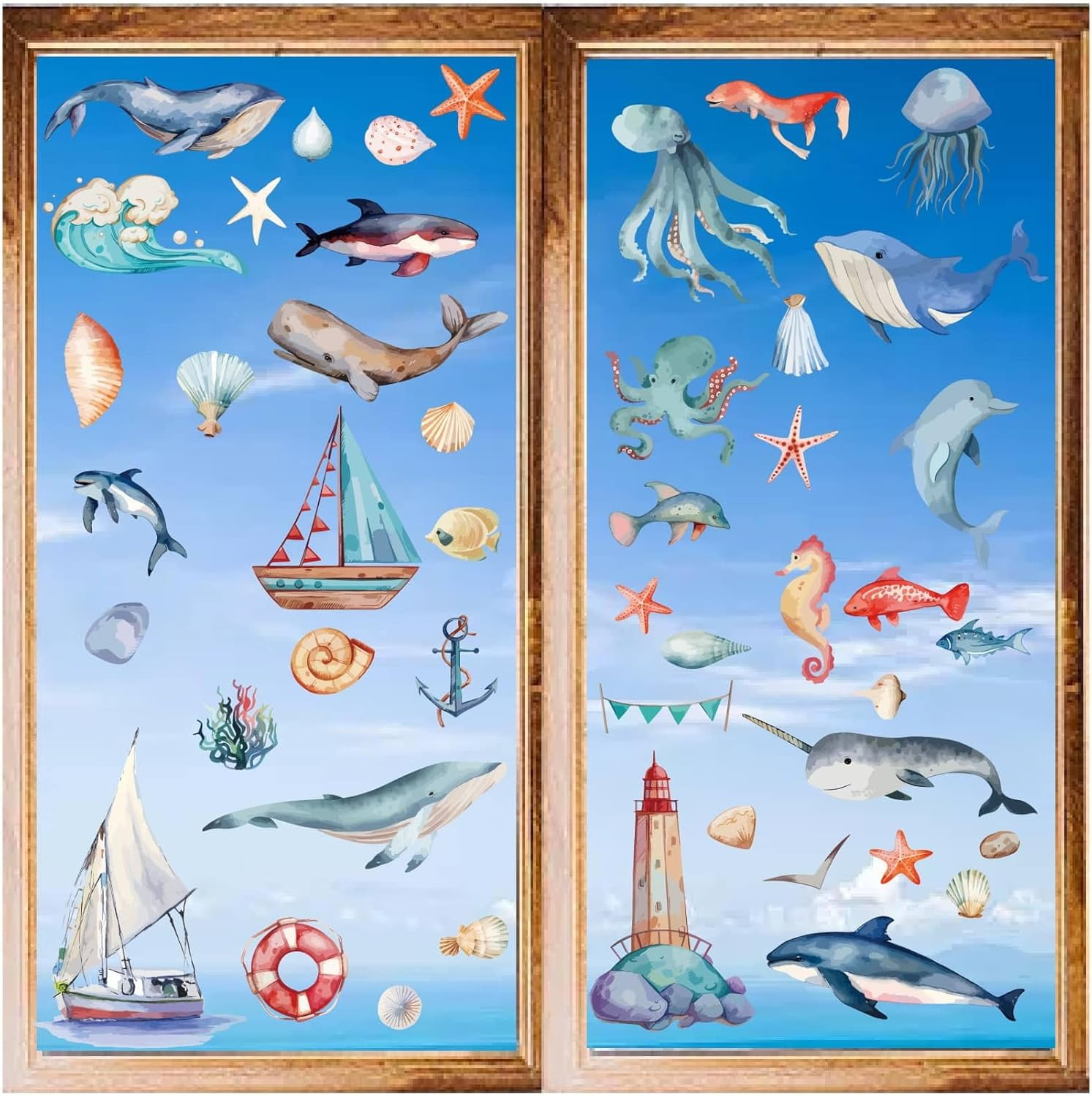 8 Sheets Sea Ocean Window Decals Stickers Whale Dolphin Sailboat ...