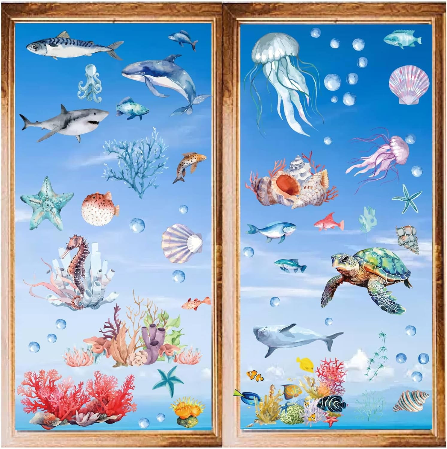 8 Sheets Sea World Window Decals Stickers Jellyfish Shell Coral Shark ...