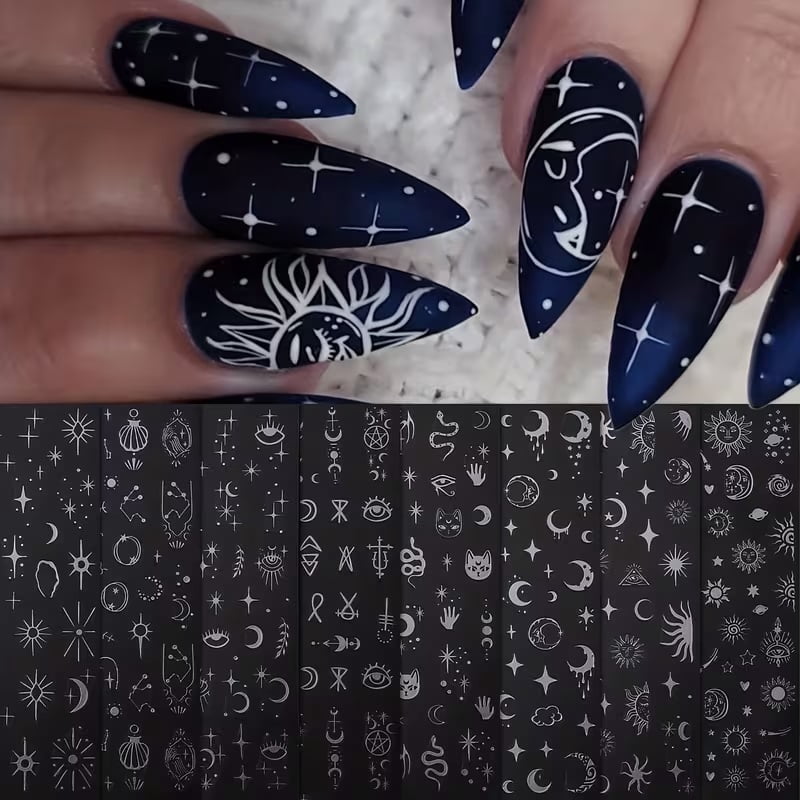 8 Sheets Silver Nail Art Stickers - 3D Sun Moon Star Designs for ...