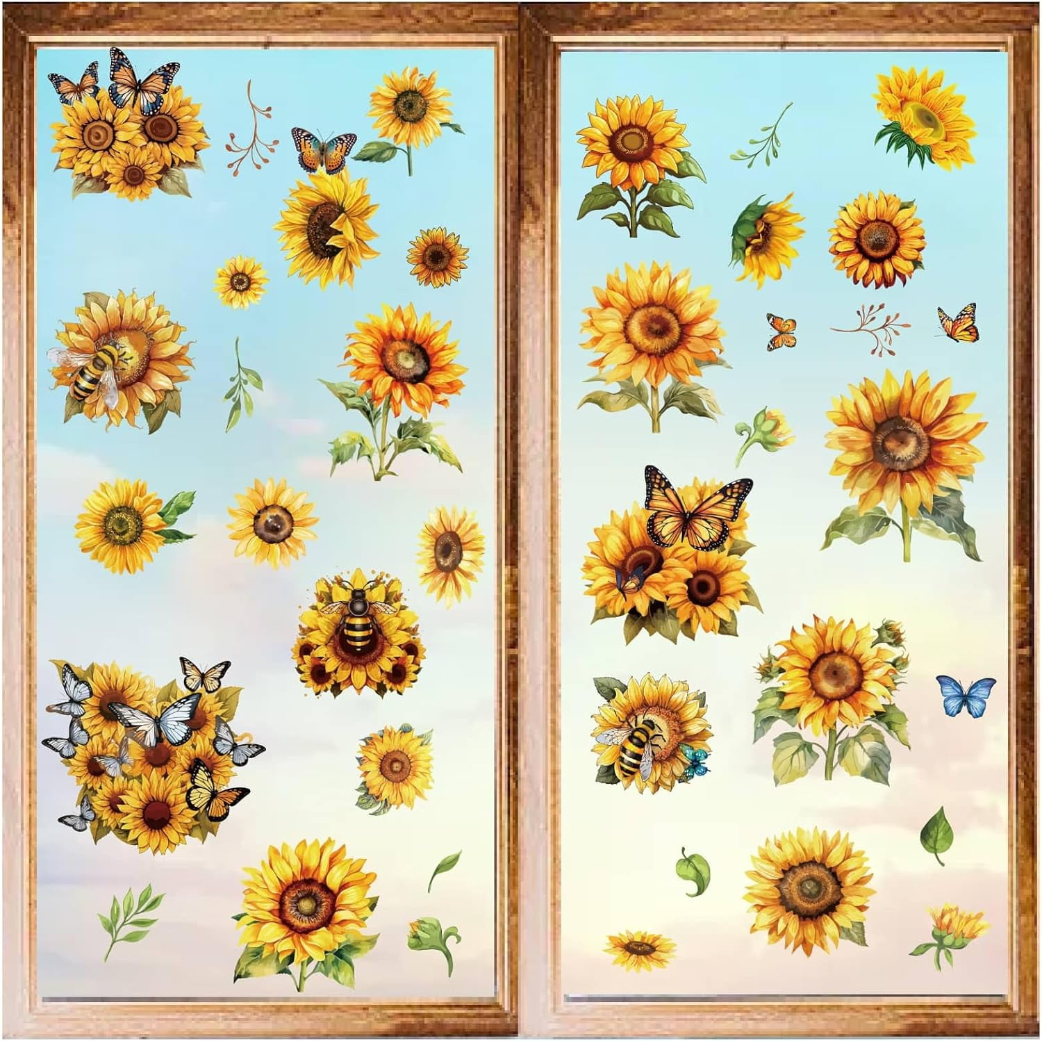 8 Sheets Sunflower Window Stickers Flower Leaves Plant Wall Decals ...