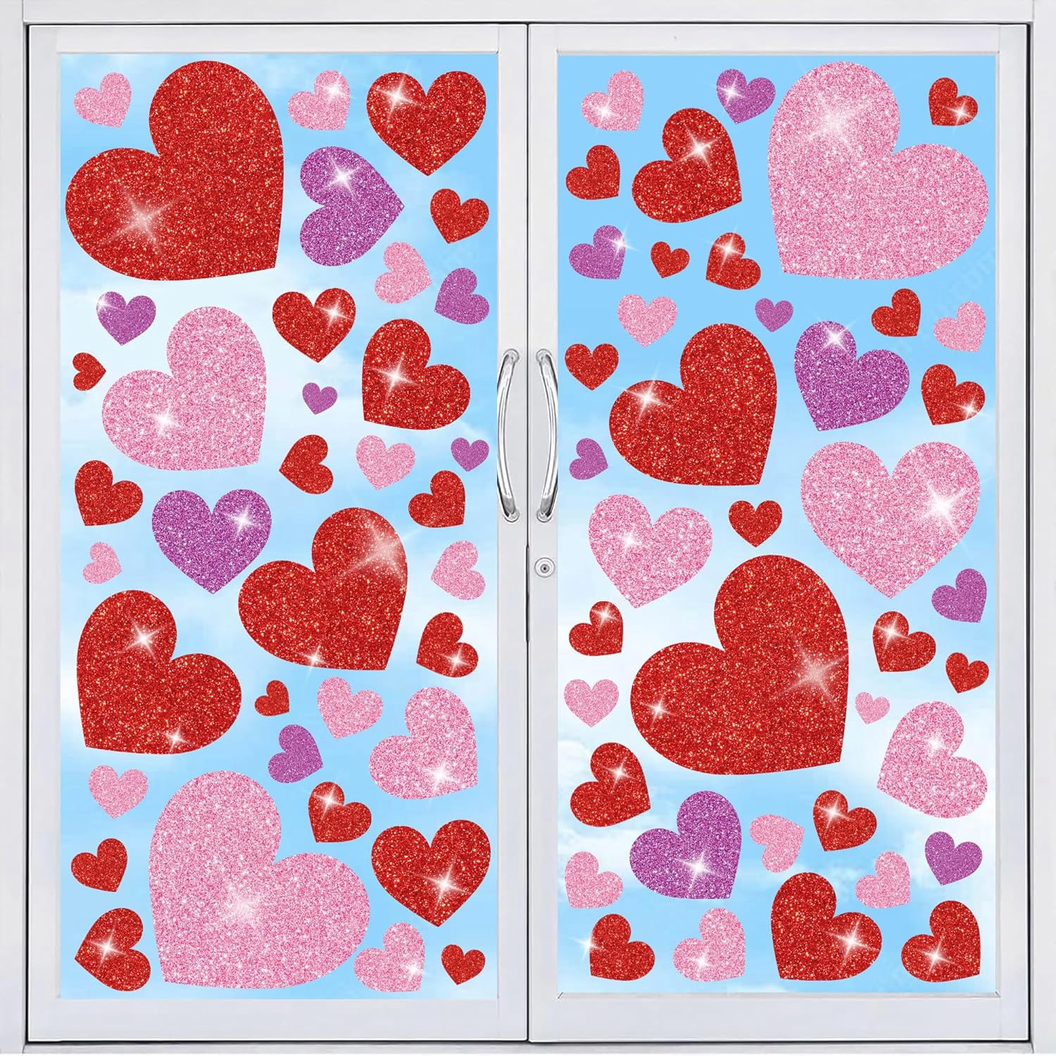 8 Sheets Valentines Day Heart Window Clings Glitter Heart Window ...