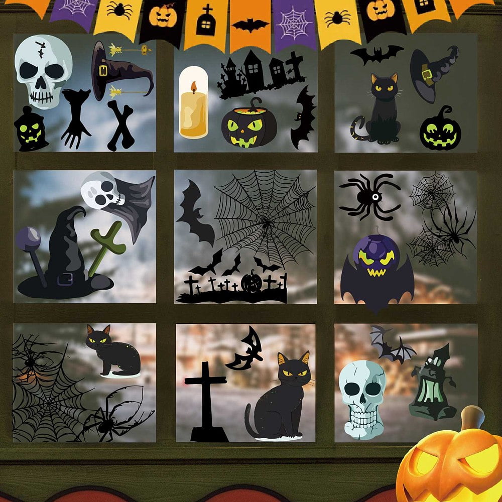 8 Sheets Window Decors Self-Adhesive PVC Spooky Pumpkin Bats Web Castle ...
