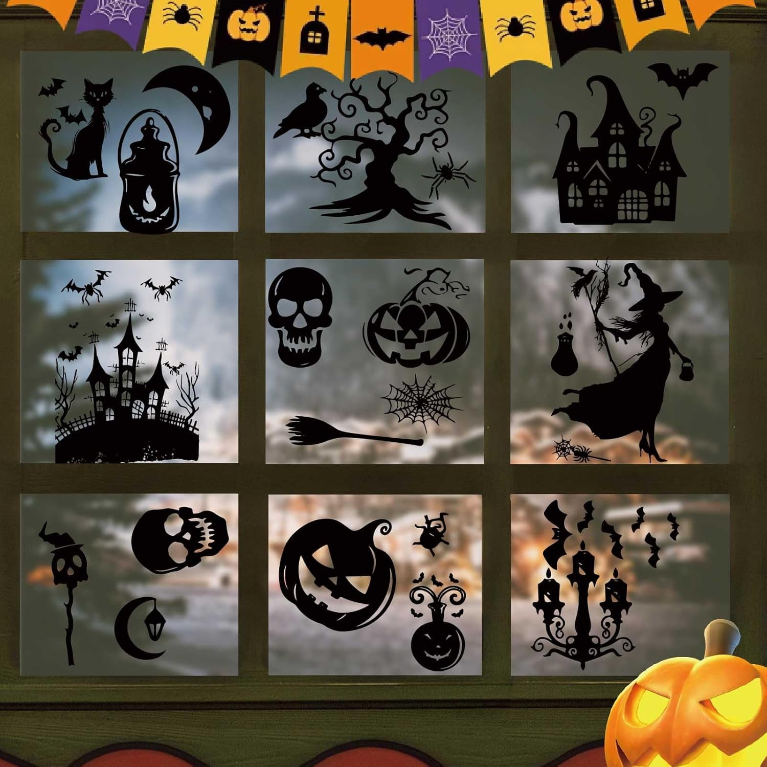 8 Sheets Window Stickers Pumpkins Bats Skul Witches Window Clings Peel ...