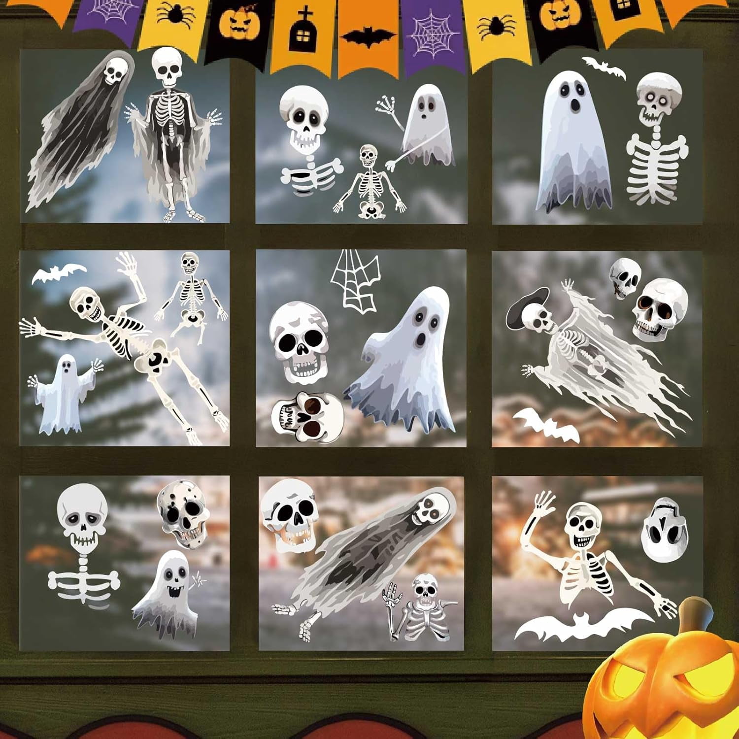 8 Sheets Window Stickers White Skeletons Ghosts Window Clings Peel and ...