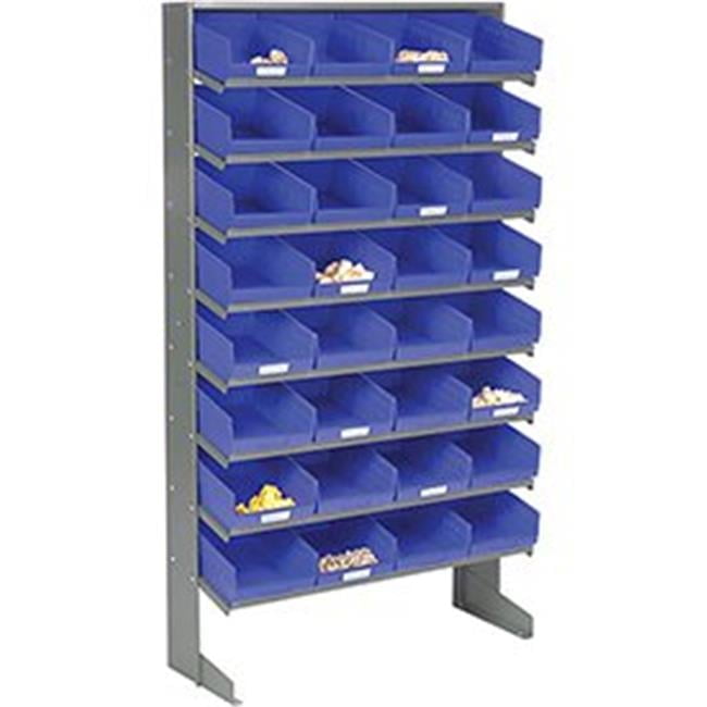 8 Shelf Floor Pick Rack with 32 Blue Plastic Shelf Bins 8 Inch Wide ...