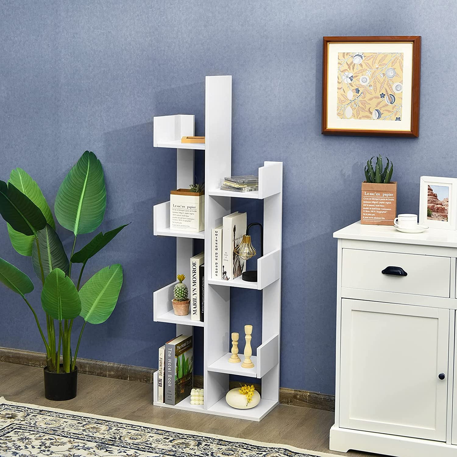 8-Shelf Tall Bookcase, Modern Geometric Bookshelf with Staggered ...