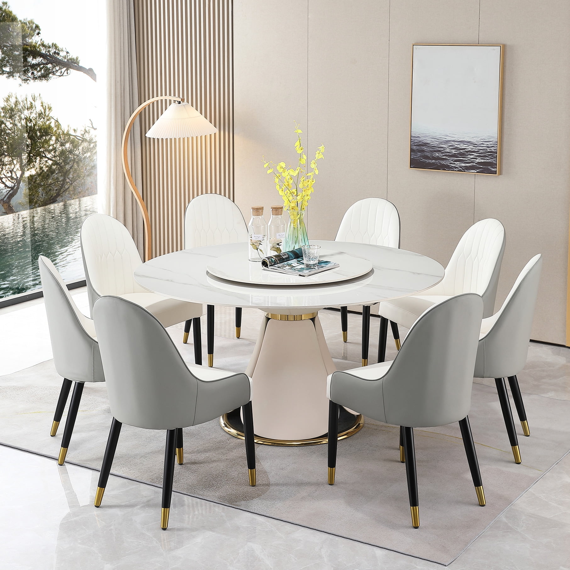 8 Sintered Stone Dining Table With Rotating Turntable And Solid Wood ...