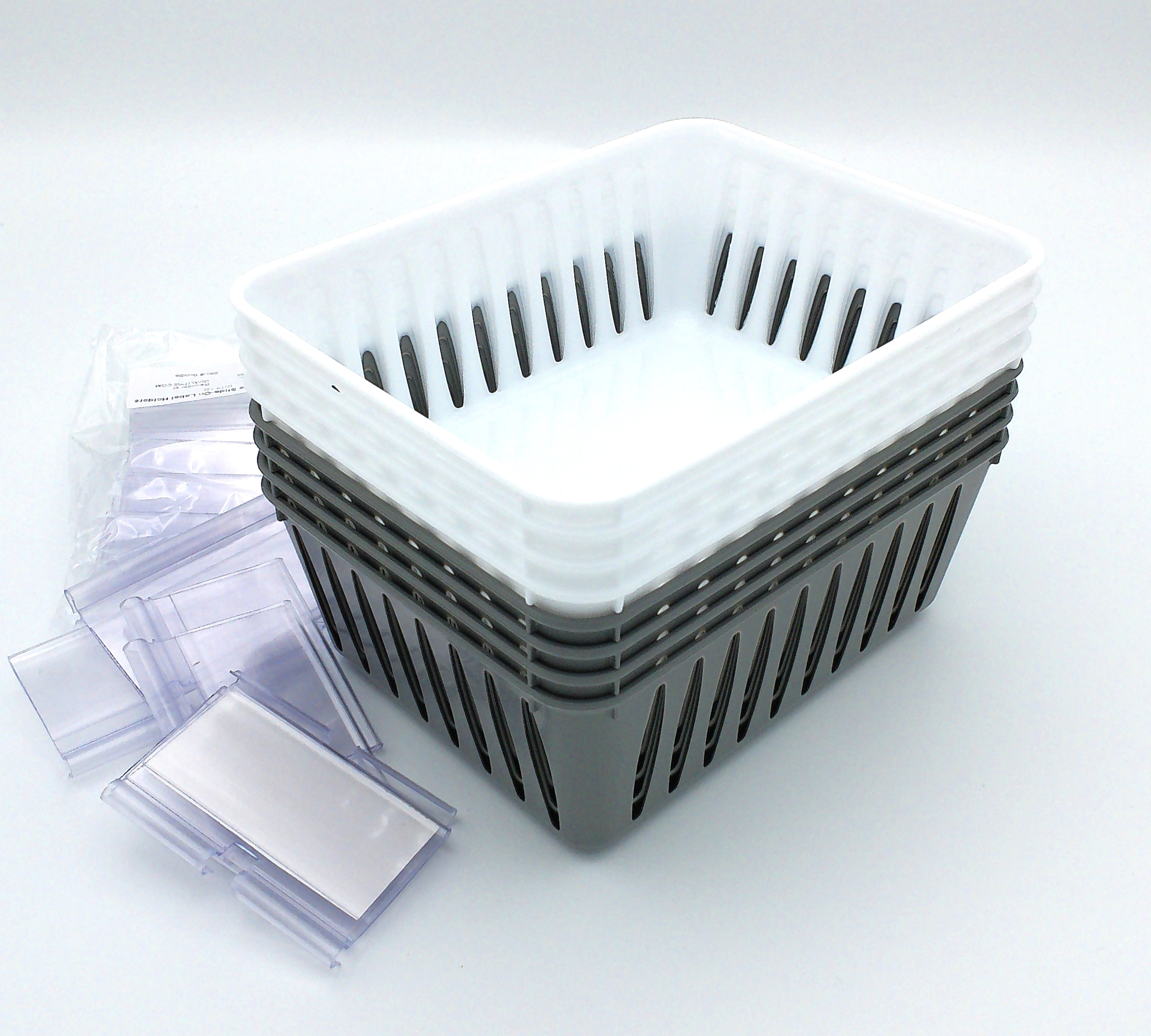 8 Storage Baskets 6.25" x 4.75" & 12 Clear Label Holders, Grey & White ...