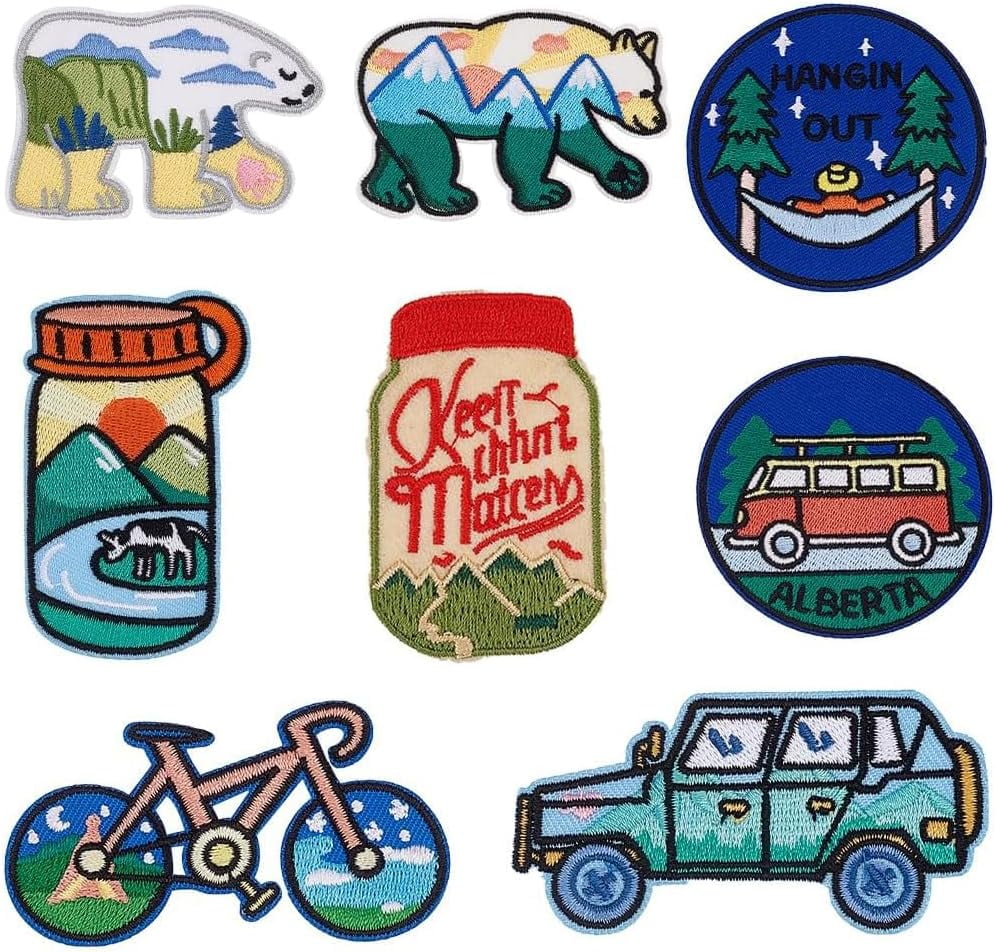 8 Styles Camping Theme Iron on Patches Bear Bicycle Campervan Bottle Patches Adventure Outdoor ...
