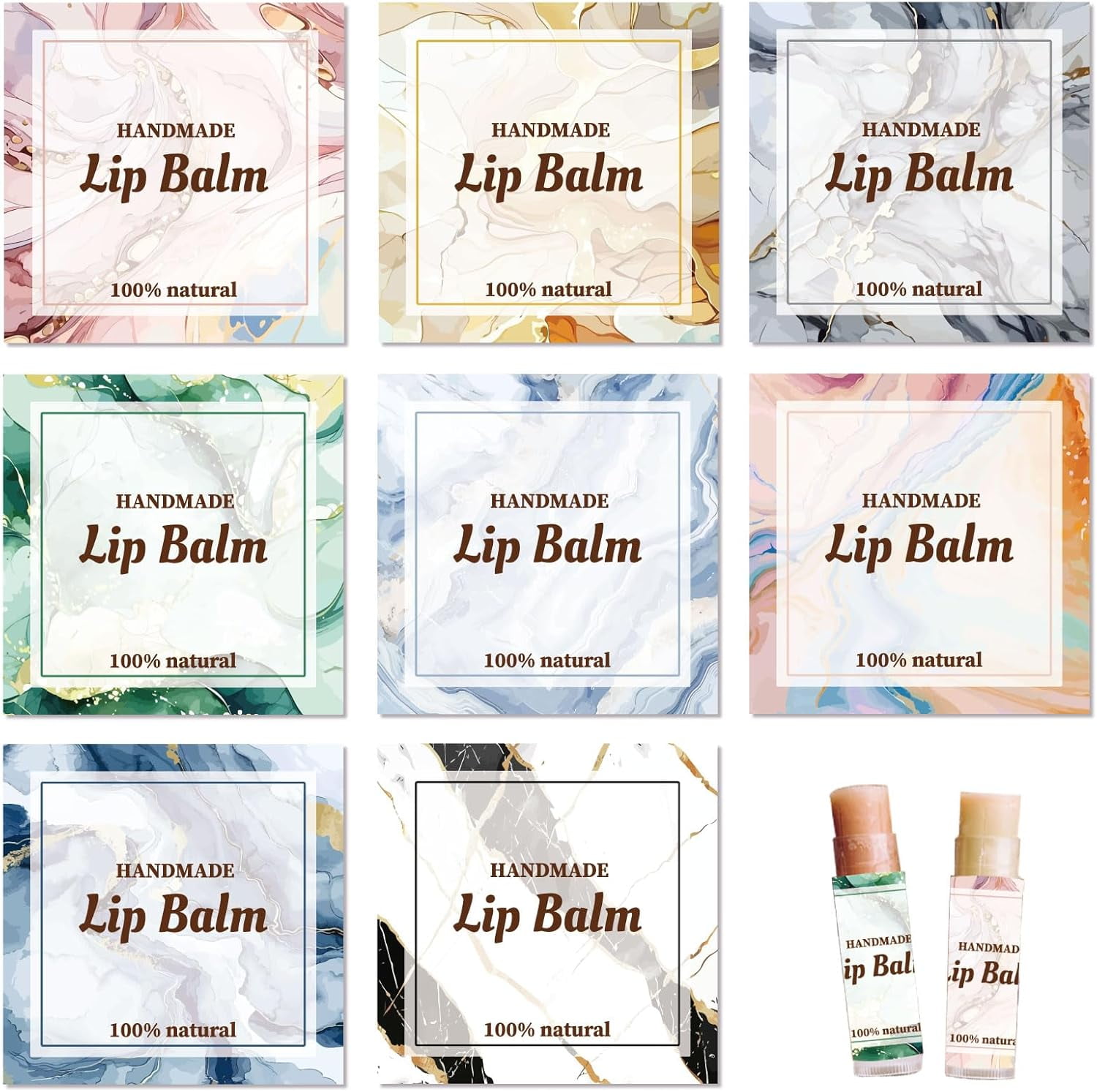 8 Styles Lip Balm Stickers 80 Pcs Marble Square Pattern Waterproof Self ...
