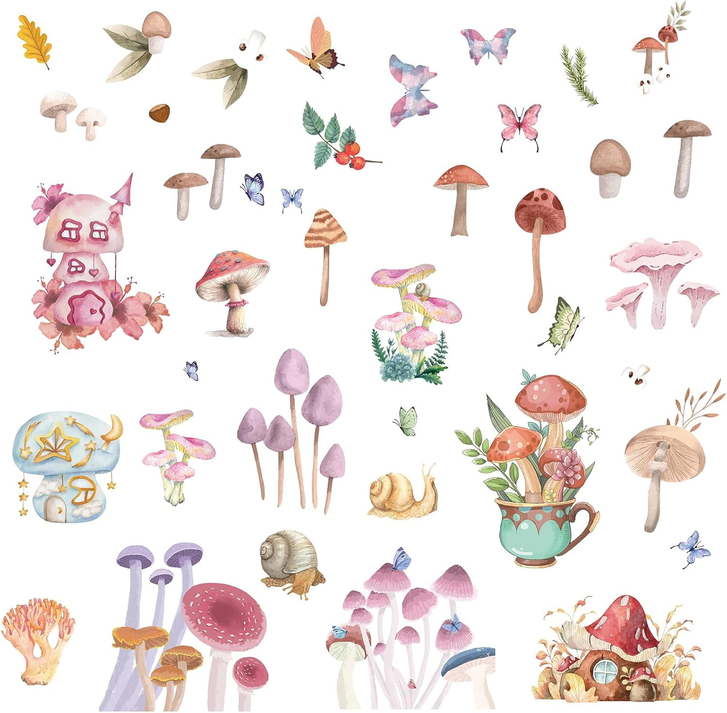 8 Styles Mushroom Butterfly Wall Stickers Decals Fairy Tale PVC Window ...