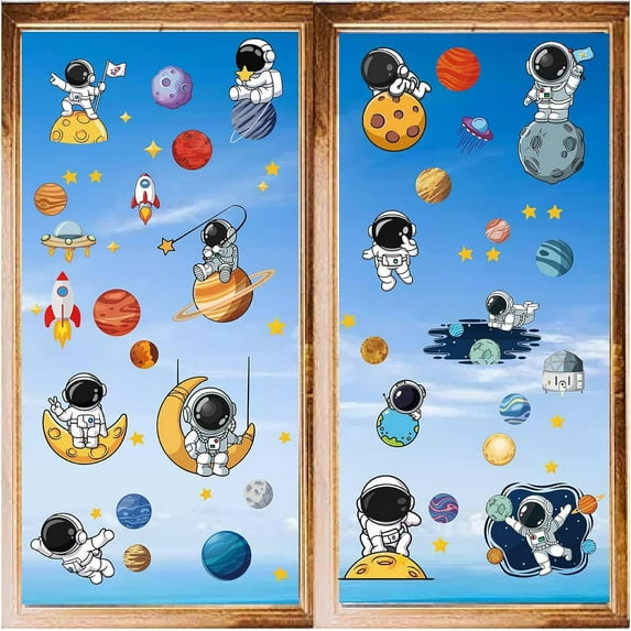 8 Styles Planet Window Stickers Spaceman Moon Wall Clings Peel and ...