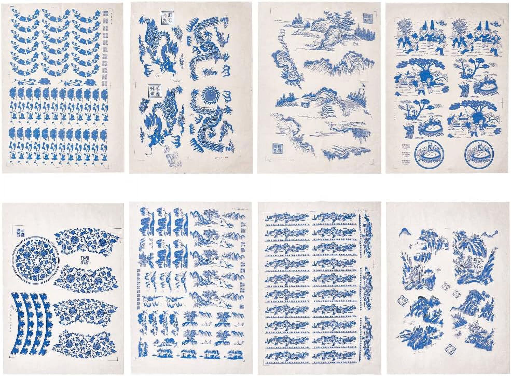 8 Styles Pottery Ceramics Clay Transfer Paper 15x21iinch Blue and White ...