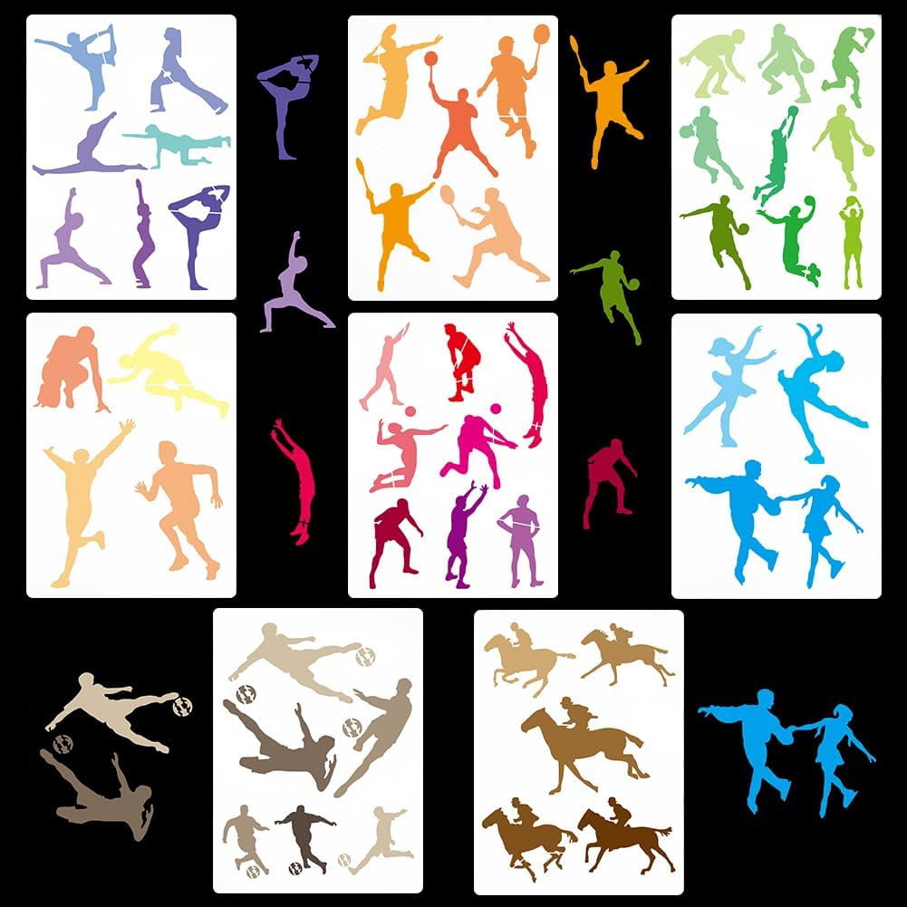 8 Styles Sports Theme Stencil 21x15cm Sports Player Template Basketball ...