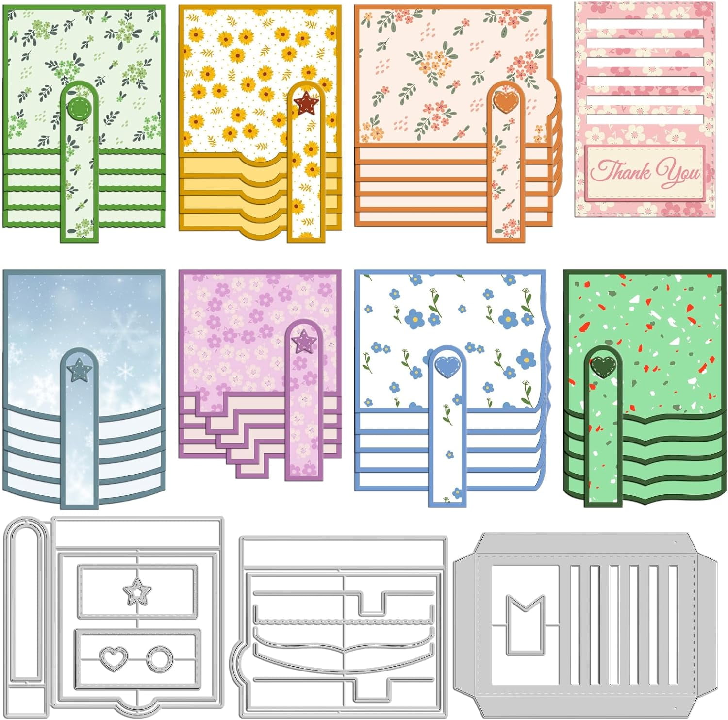 8 Styles Square Dies Waterfall Flap Die Cut Stitched Slot Tag Die Cut ...