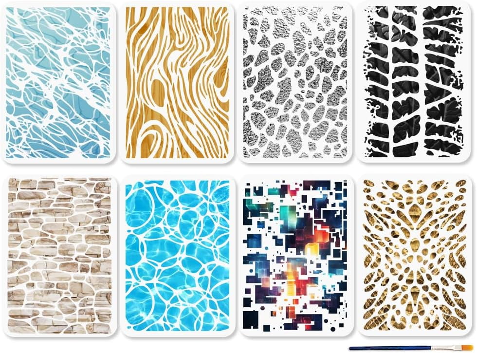 8 Styles Texture Background Stencils 11.7x8.3inch Mixed Media Art Stencil for Craft Marble ...