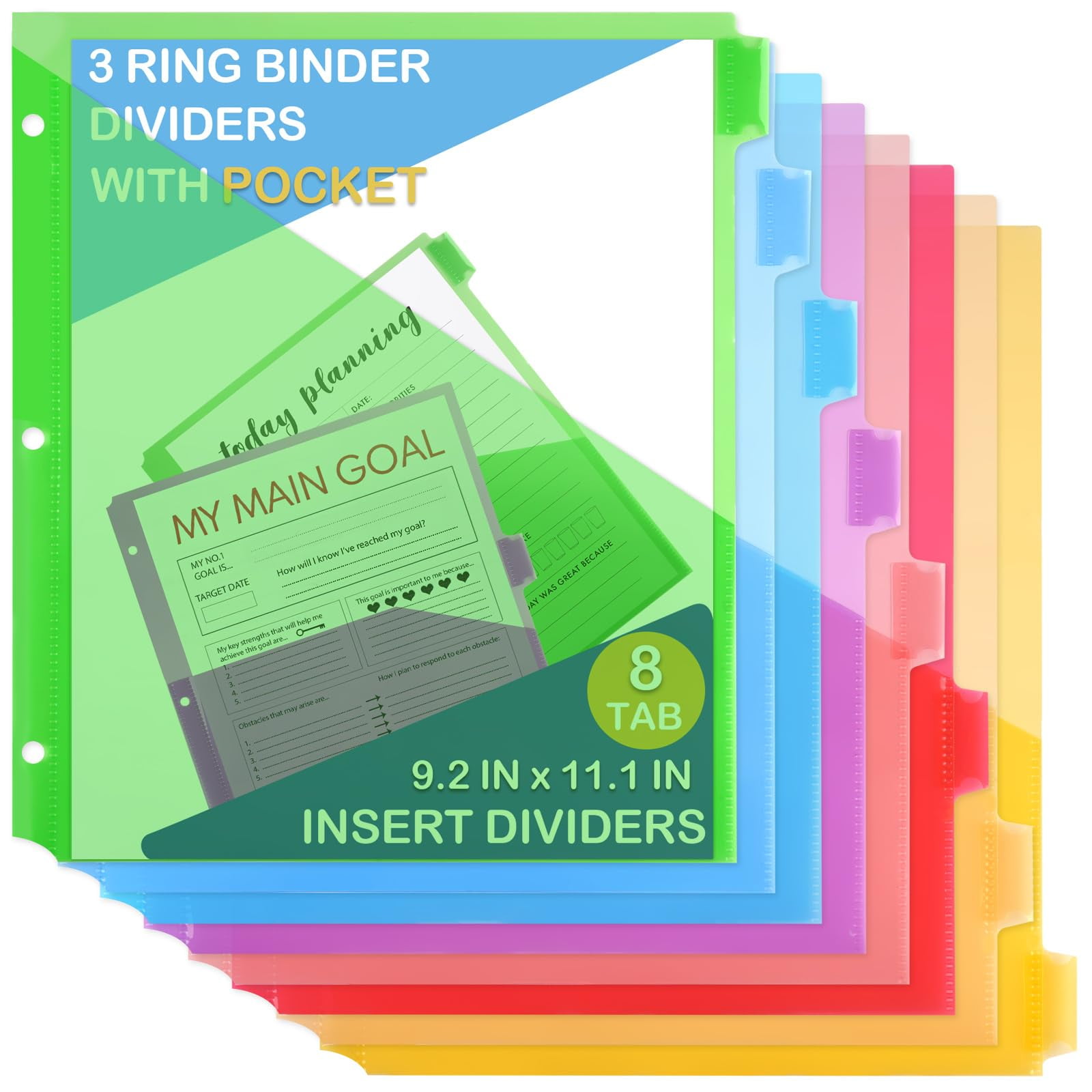 8 Tab Binder Dividers with Pockets, Heavy Duty Plastic Sheet Protectors ...