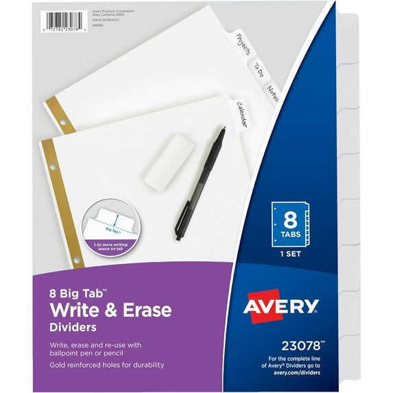 8-Tab Binder Dividers, Write & Erase White Big Tabs, 1 Set (23078 ...