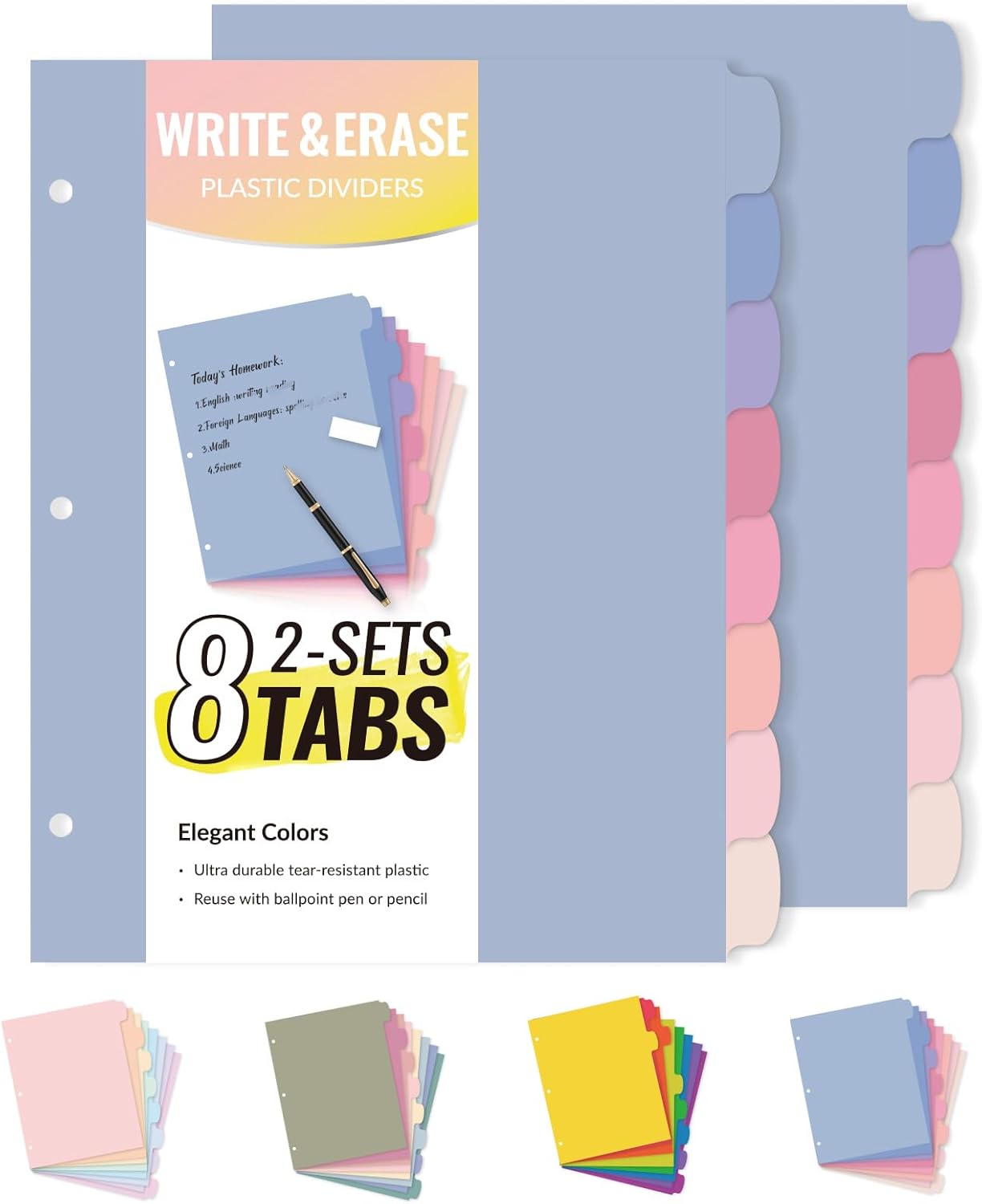 8 Tabs Long-Lasting Plastic Write & Erase Large Tabs Dividers for 3 ...