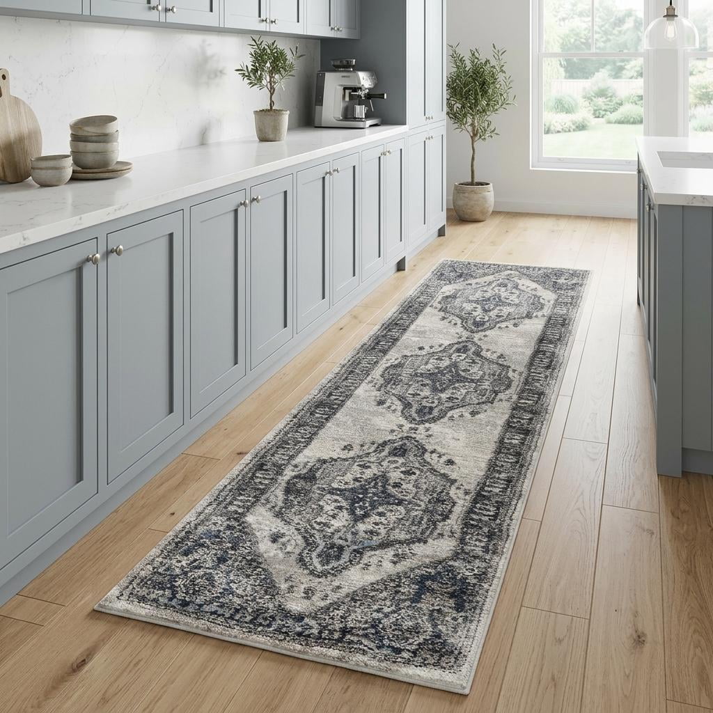 8' Teal Ivory And Gray Floral Medallion Distressed Runner Rug - Walmart.com