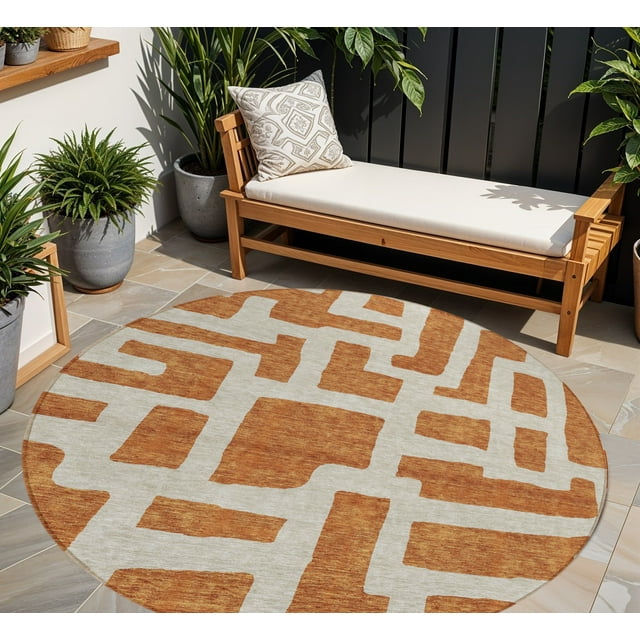 8' Terra Cotta And Gray Round Abstract Washable Indoor Outdoor Area Rug ...