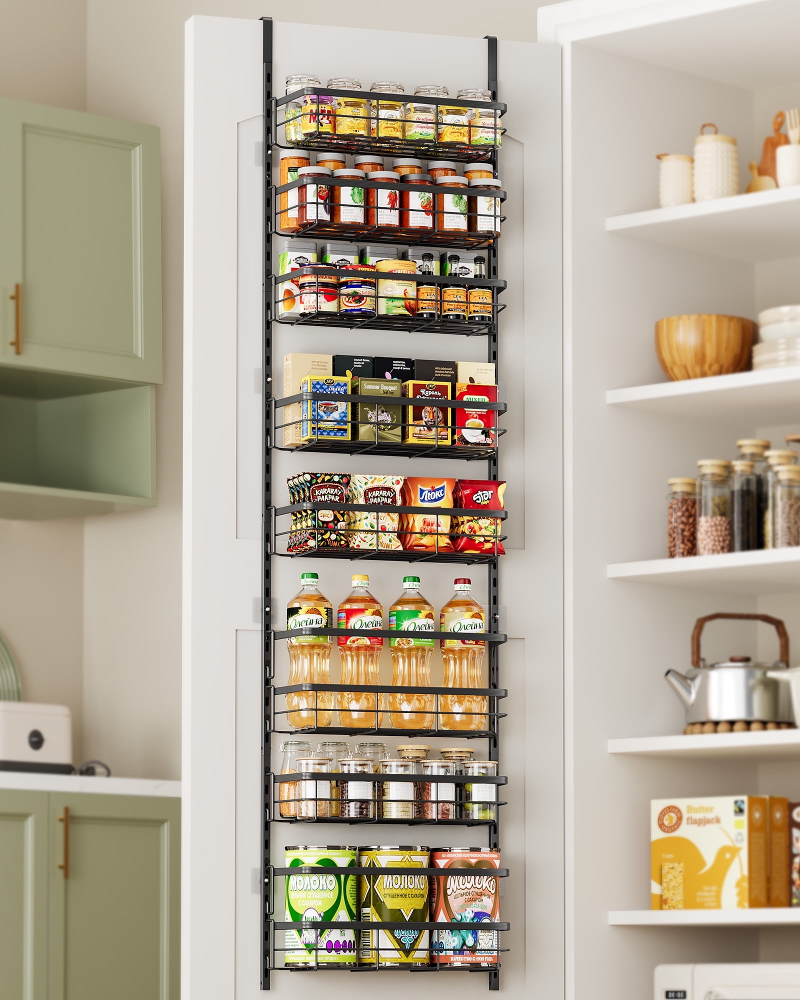 8-Tier Adjustable Over the Door Pantry Organizer with 2 Sets Hooks Fits ...