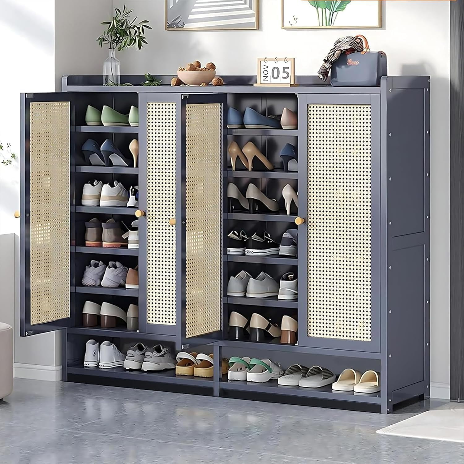 8-Tier Bamboo Shoe Storage Cabinet with Sliding Doors, Freestanding ...
