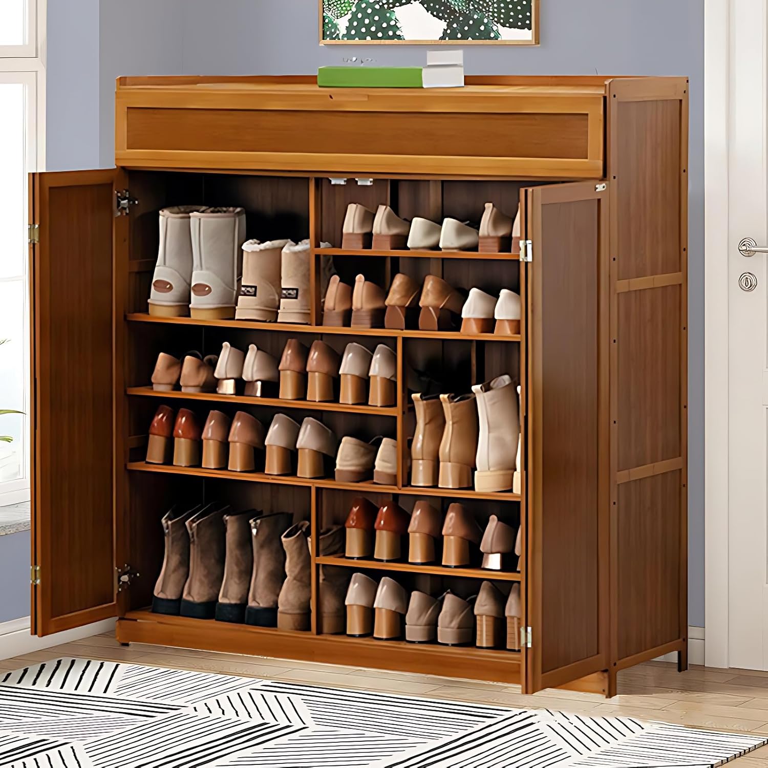 8 Tier Bamboo Shoe Storage Cabinet with Doors, 39-41 Pairs Shoe Rack ...