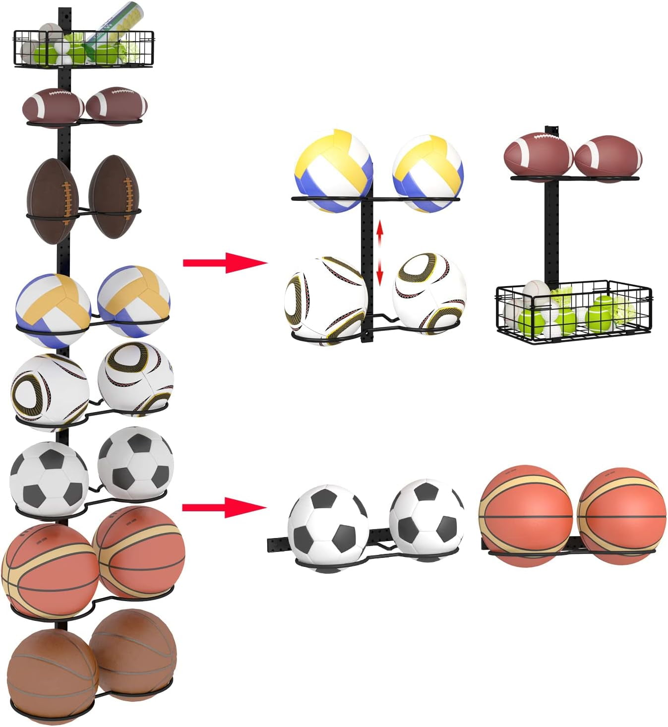 8 Tier Wall Mount Basketball Ball Storage Rack,Vertical/Horizontal ...