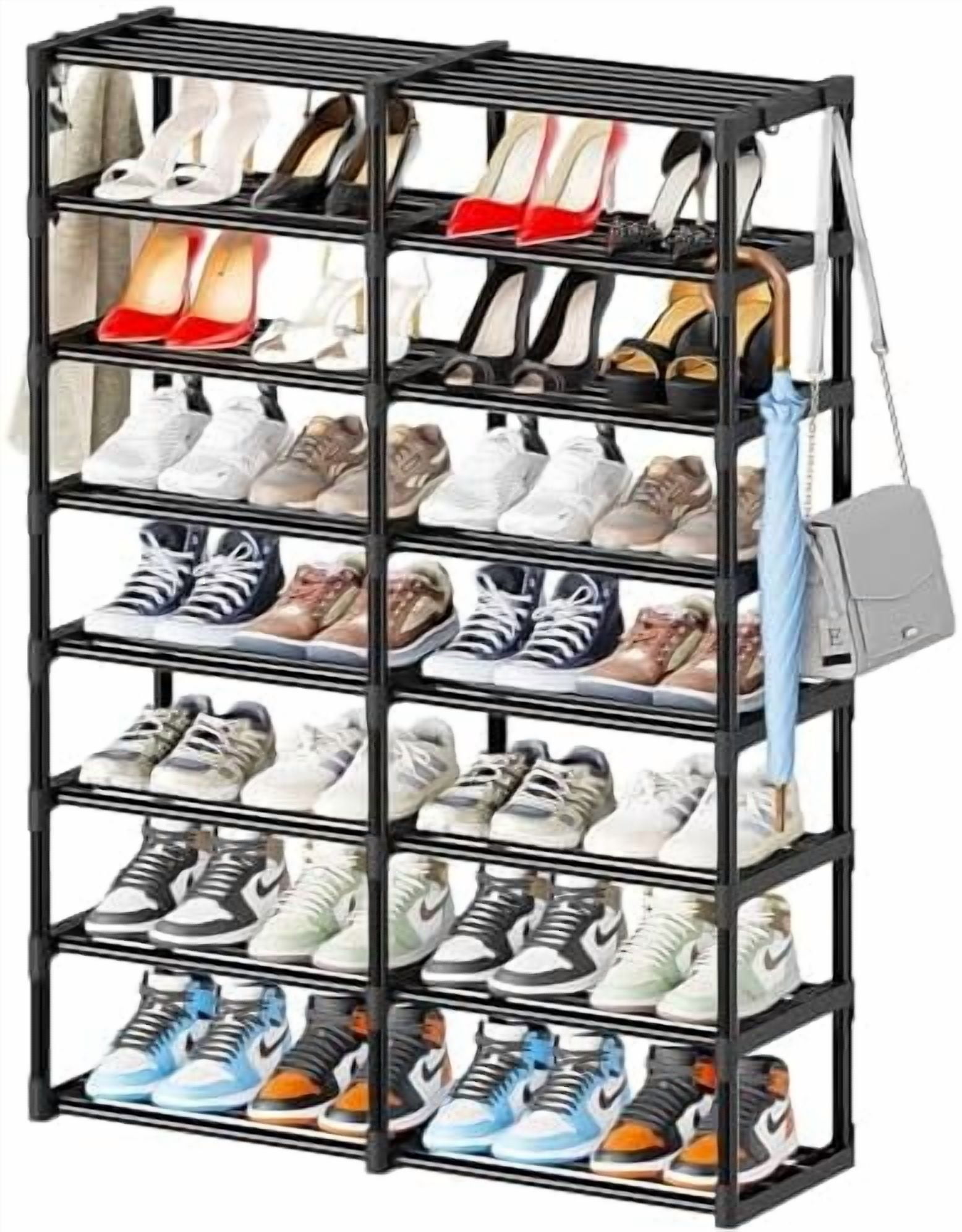 8 Tier Large Metal Shoe Rack Organizer with Hooks, Large Capacity 40 ...