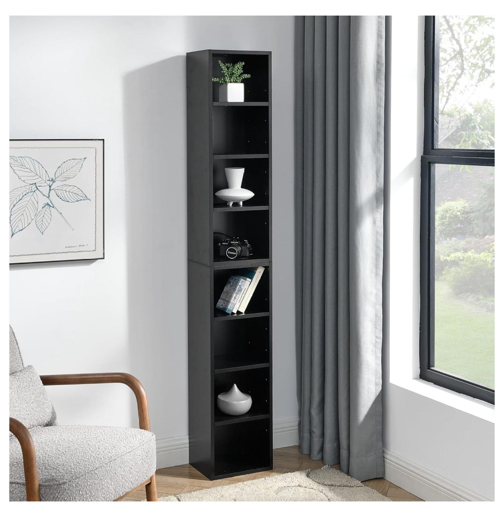 8-Tier Media Tower Rack, Slim Storage Cabinet with Adjustable Shelves ...