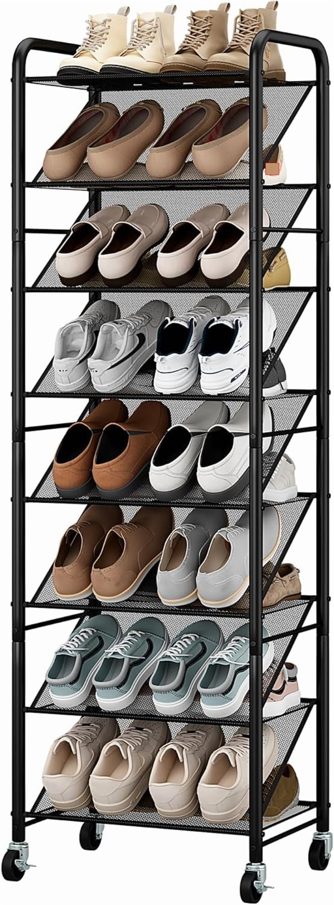 8-Tier Narrow Shoe Rack with Lockable Wheels, Double-Sided Vinyl Mesh ...