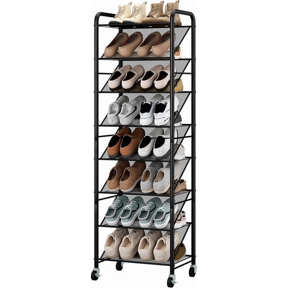8-Tier Narrow Shoe Rack with Lockable Wheels, Double-Sided Vinyl Mesh ...