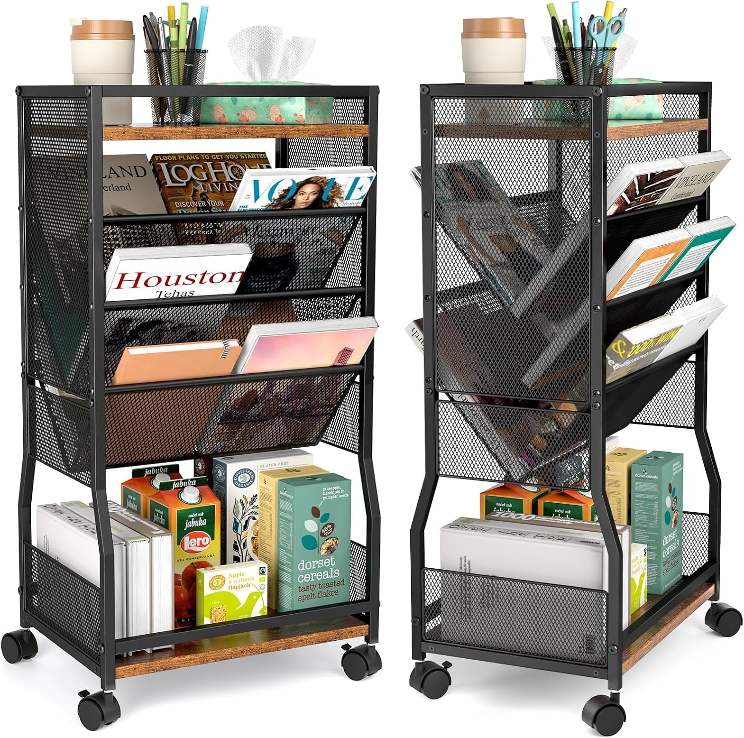 8 Tier Rolling Book Cart with Wheels, Mobile Book Storage Cart with 2 ...