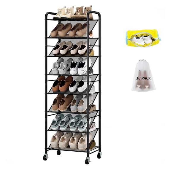 8-Tier Rolling Shoe Rack, Double-Sided Metal Shoe Organizer with ...