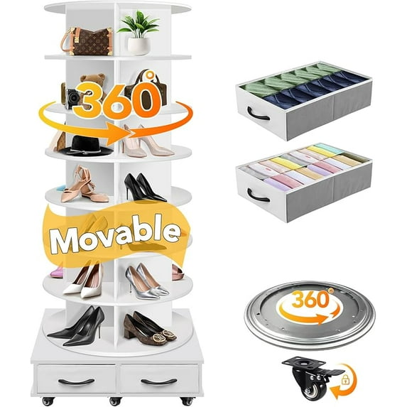 8 Tier Rotating Shoe Rack Tower contains 2 drawers, Spinning Shoe Rack ...