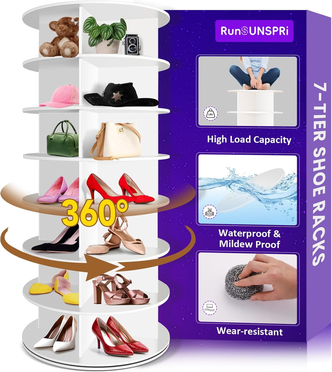 8 Tier Rotating Shoe Rack Tower contains 2 drawers, Spinning Shoe Rack ...