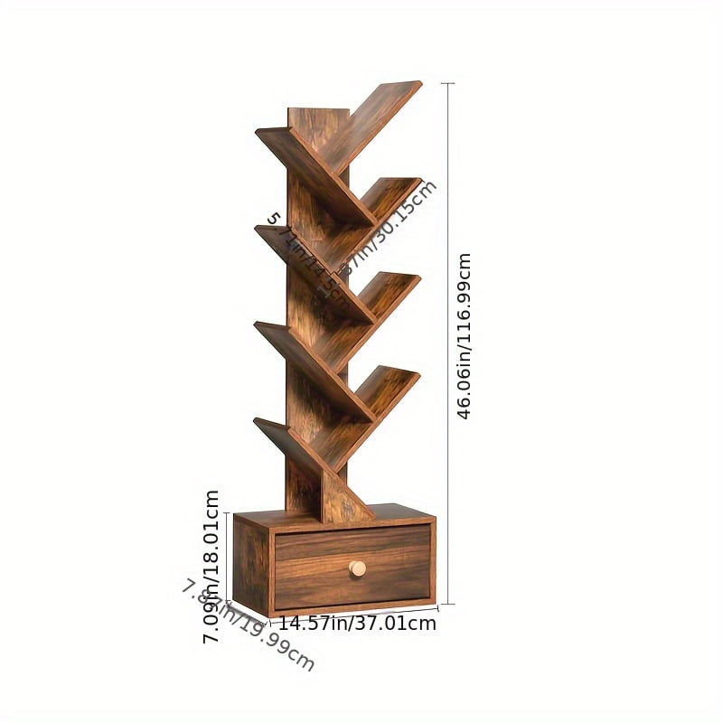 8-Tier Rustic Brown Tree Bookshelf with Drawer - Free Standing Wood ...