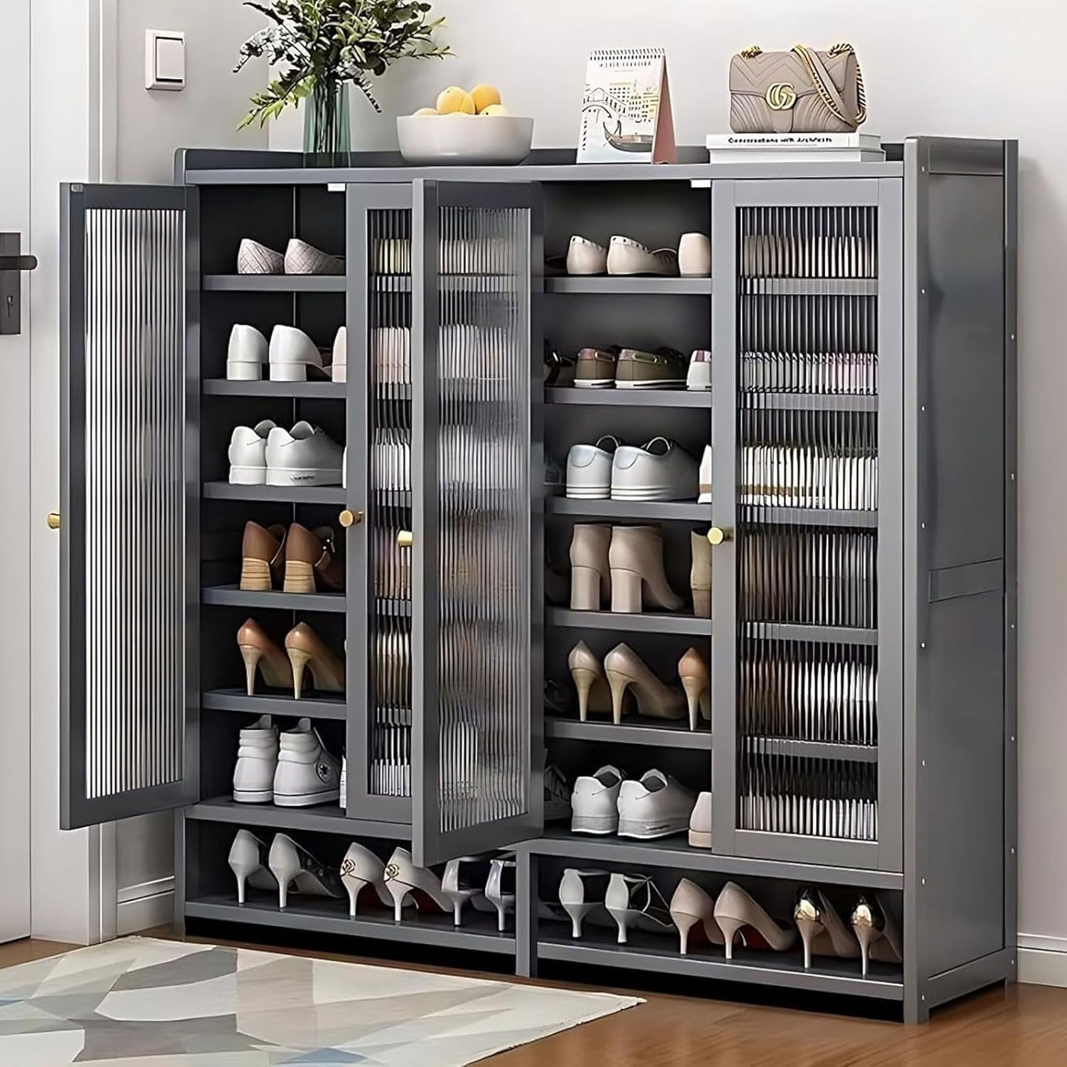 8-Tier Shoe Storage Cabinet with Doors, Bamboo Shoe Cabinet ...