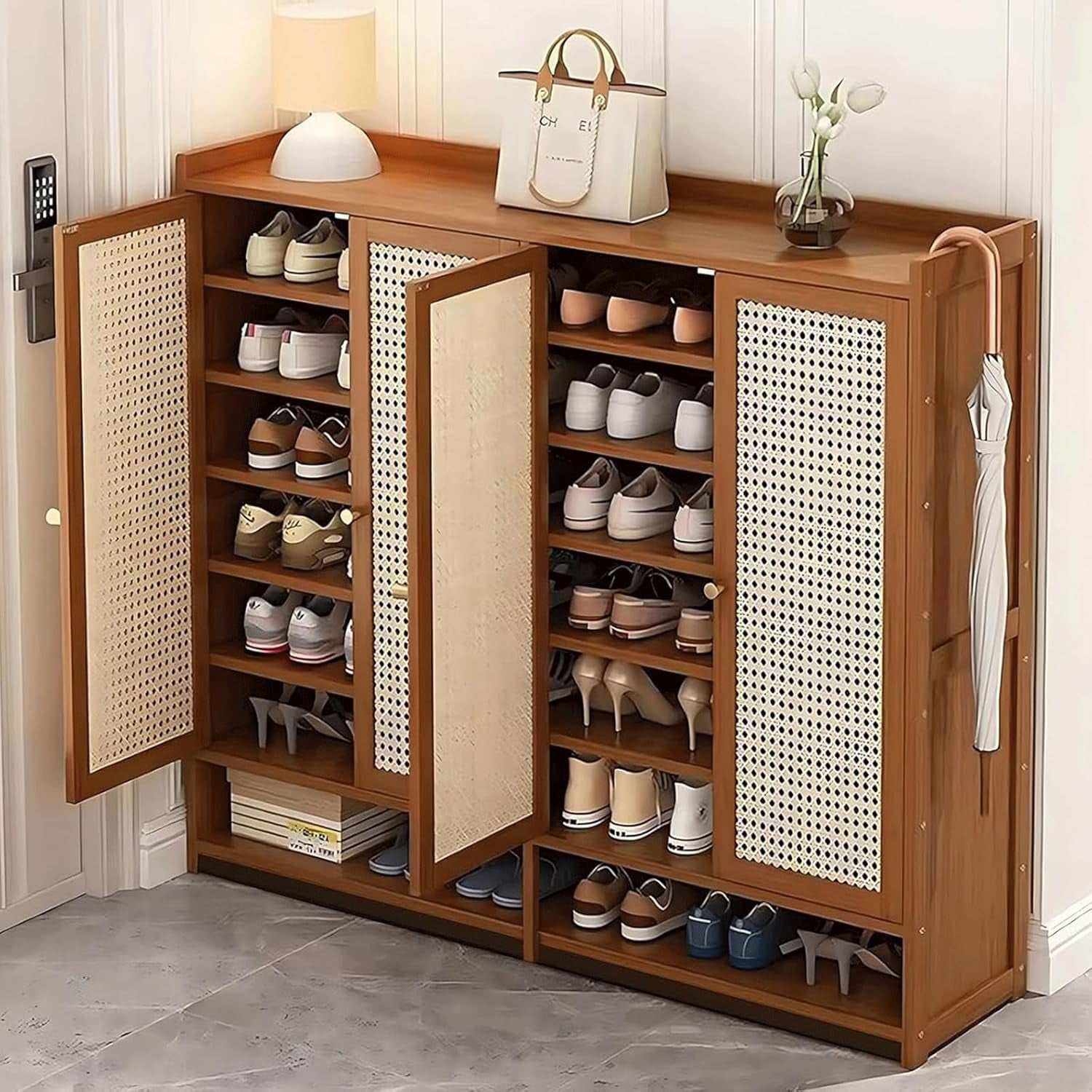 8-Tier Shoe Storage Cabinet with Doors, Bamboo Shoe Cabinet ...