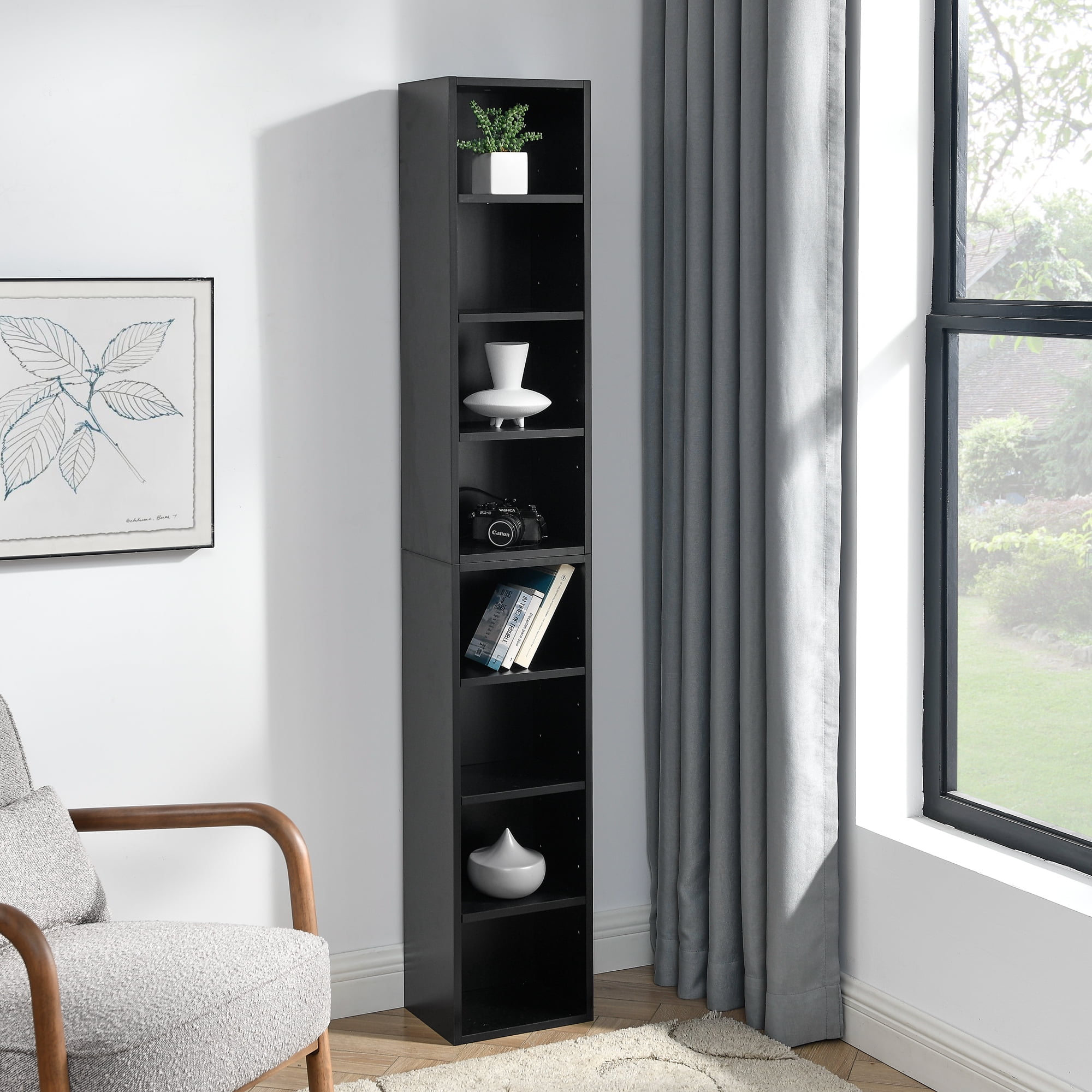 8 Tier Tall Narrow Bookshelf for Small Space Home Office Kids Room with ...