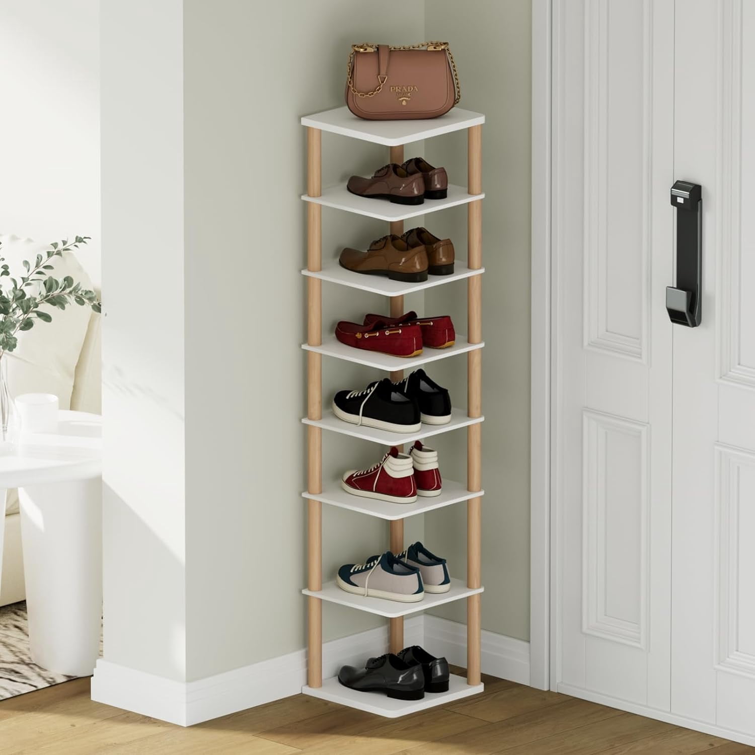 8-Tier Tall Shoe Rack, Narrow Wooden Shoe Organizer for Entryway ...