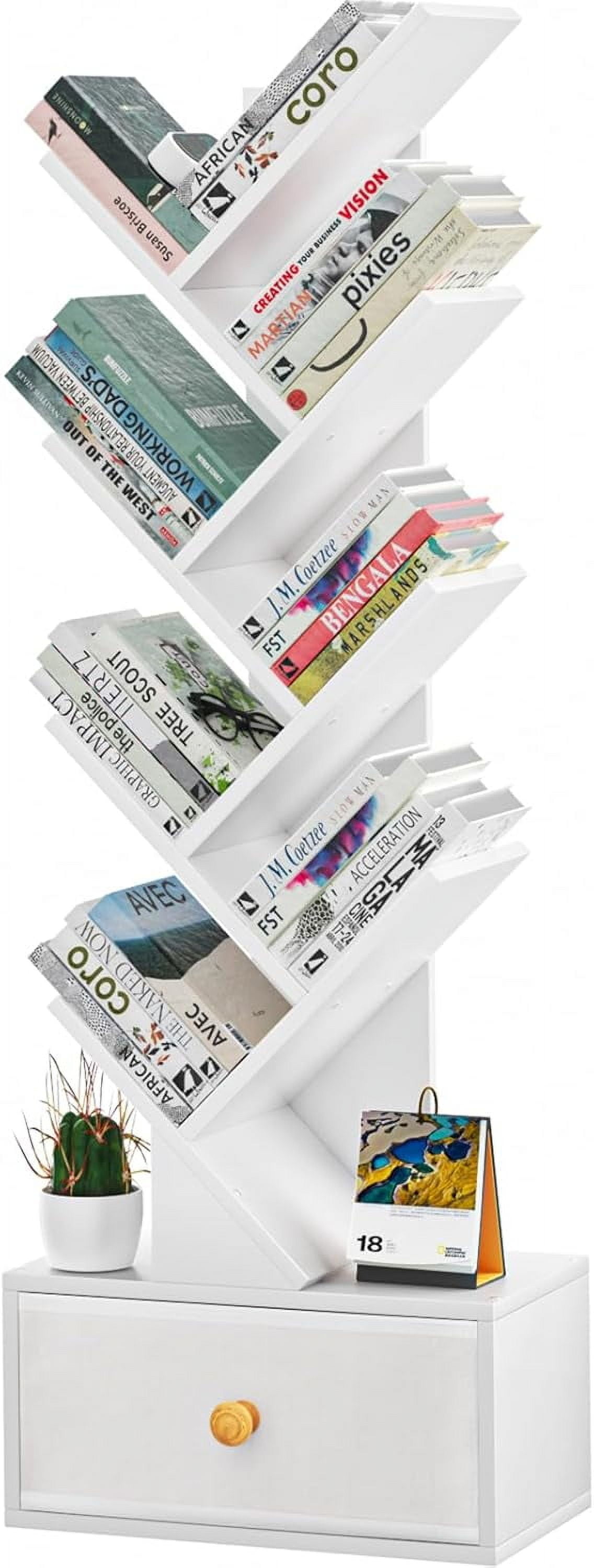 8 Tier Tree Bookshelf with Drawer, Free Standing Wood Bookcase for ...