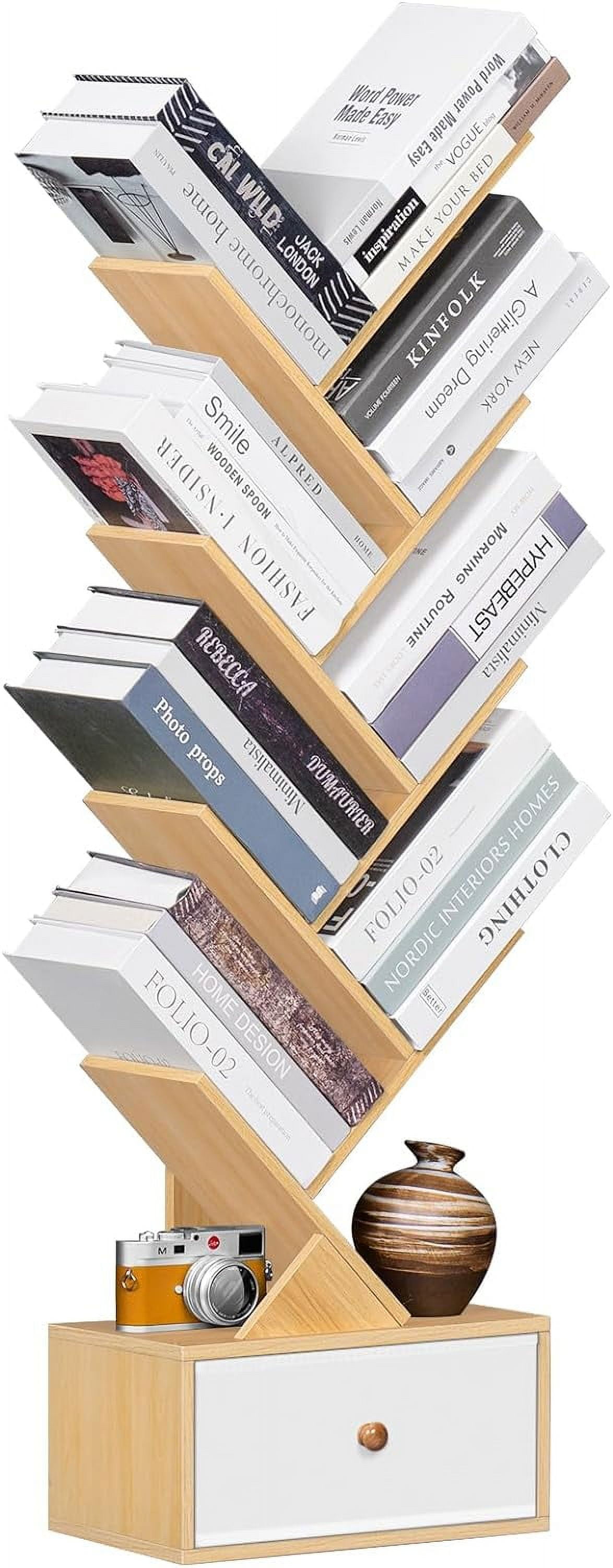 8 Tier Tree Bookshelf with Drawer, Free Standing Wood Bookcase for ...