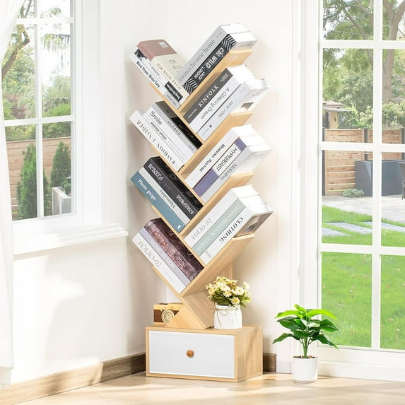 8 Tier Tree Bookshelf with Drawer, Free Standing Wood Bookcase for ...